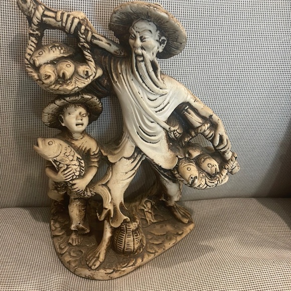 Art | Vintage Chinese Fisherman And Boy Resin Figurine Which Imitates ...
